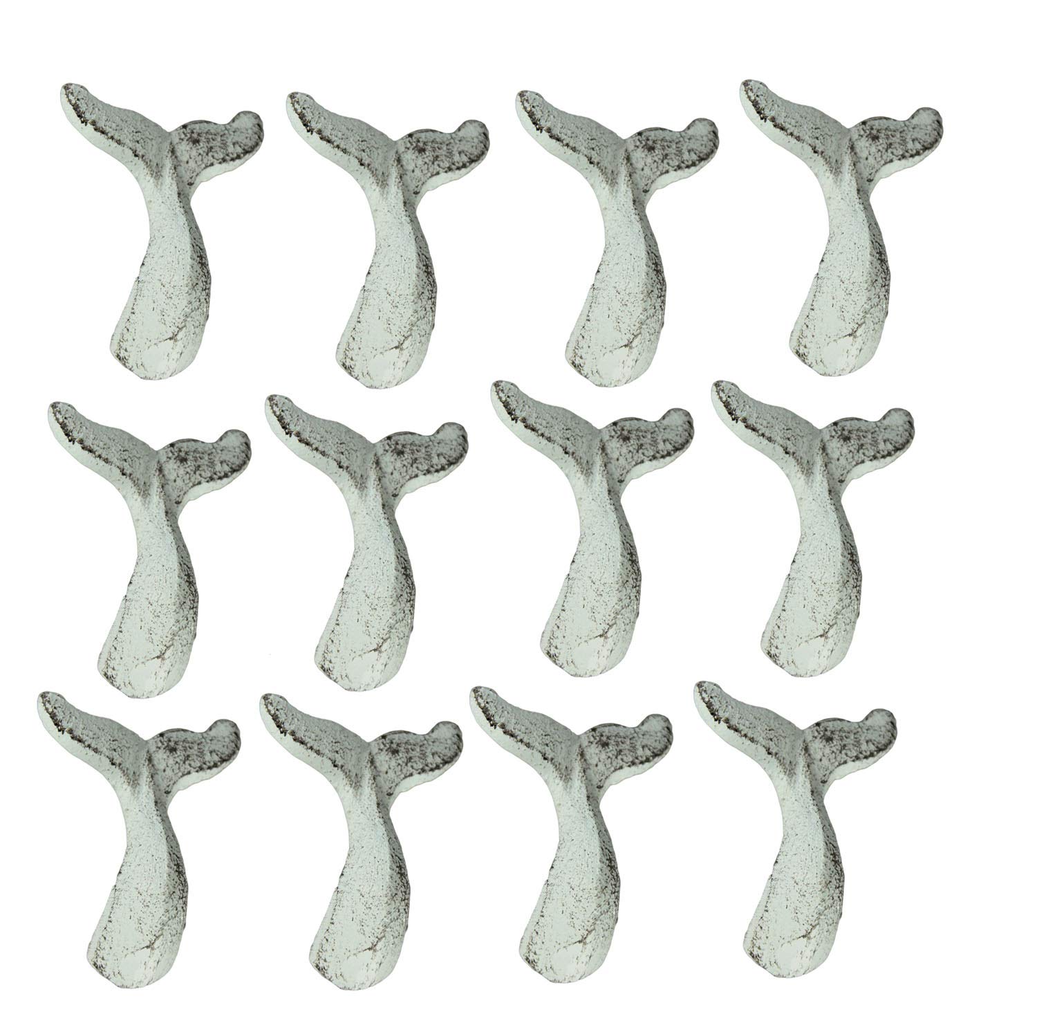 Zeckos Set of 12 Distressed White Cast Iron Whale Tail Drawer Pulls Decorative Bathroom Cabinet Knobs Coastal Kitchen Handle Decor Accessories - 2.25 Inches Long