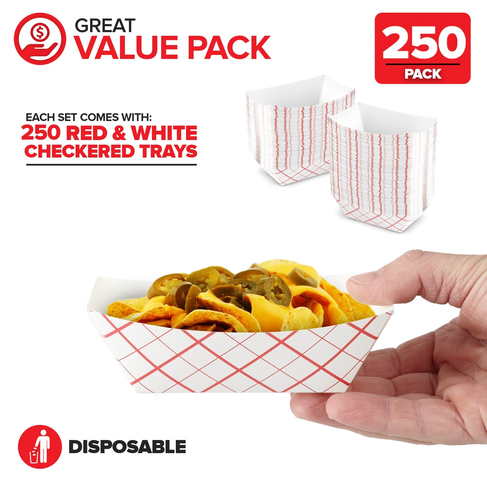 Extra Small Paper Food Boats (250 Pack) .5 Lb Disposable Red & White Checkered Paper Food Trays, Eco Friendly Paper Food Trays, Serving Boats for Concession Food & Condiments, Kid Size 3.75" x 2"