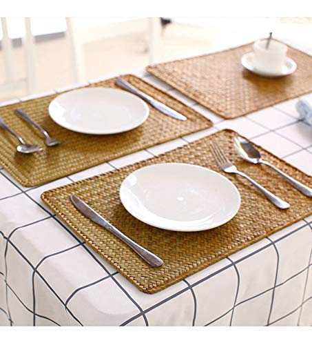 4 Pack Rectangular Woven Placemats, Natural Seagrass Place Mats, 17" x 12", Rattan Wicker Table Mats for Dining Table