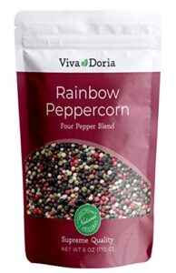 viva doria rainbow peppercorns - four peppercorn blend, whole black, green, pink and white pepper, steam sterilized 6 oz, for grinder refill