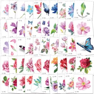 konsait 50sheet flower temporary tattoos for women teens girls, tiny temporary tattoo adult waterproof body art sticker hand neck wrist, include flower butterfly leaf lotus cherry blossoms tattoo