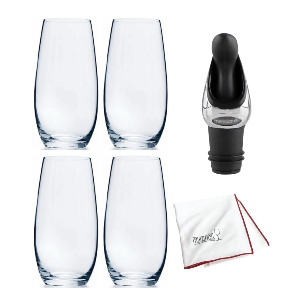 Riedel O Stemless Champagne Glass (4-Pack) Bundle with Wine Pourer with Stopper Large Microfiber Polishing Cloth (4-Pack)