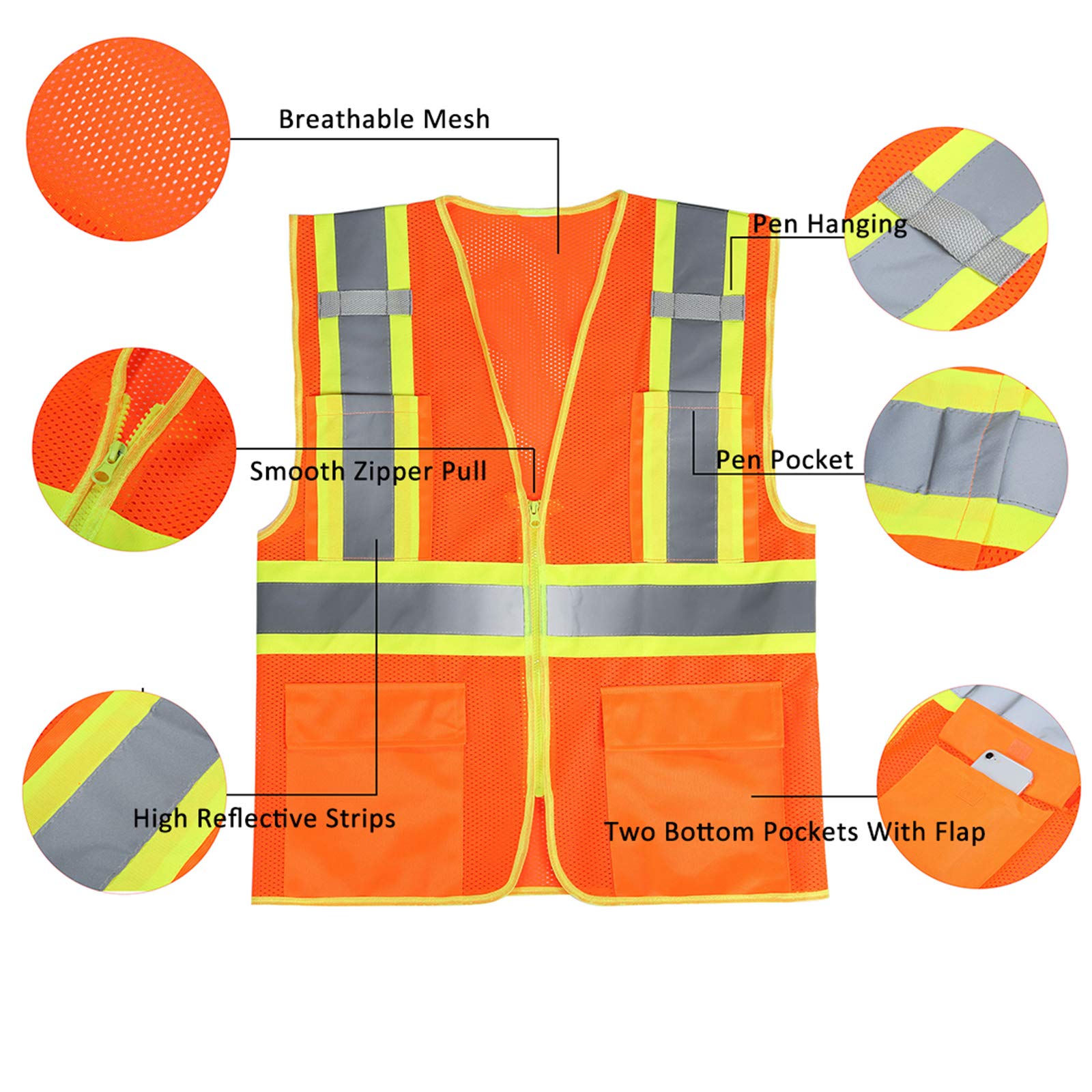 SULWZM High Visibility Reflective Safety Vest with Zipper and Pockets Orange,M