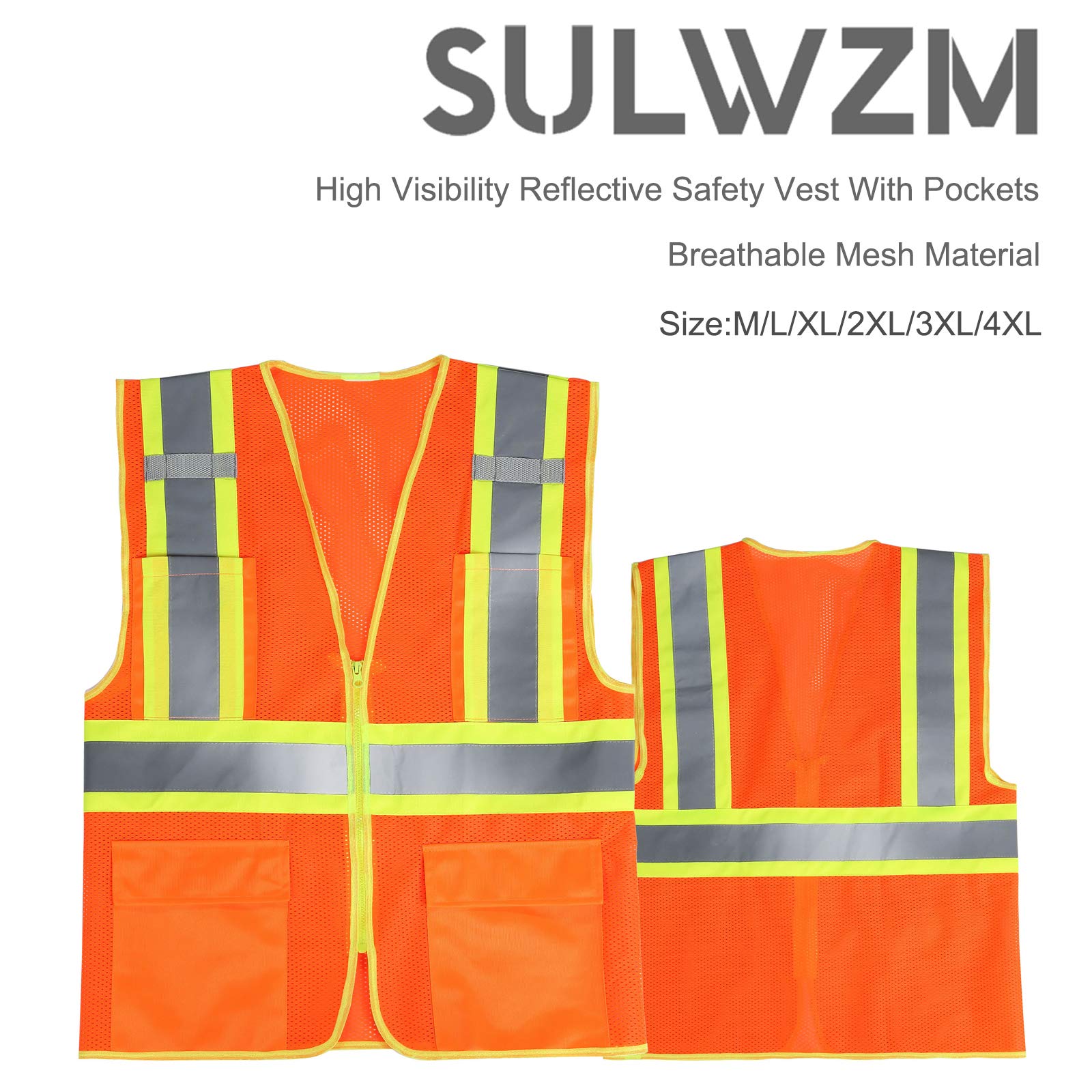 SULWZM High Visibility Reflective Safety Vest with Zipper and Pockets Orange,M