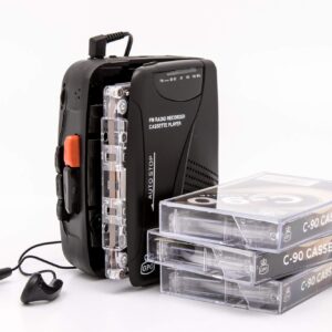 GPO Portable Retro Personal Cassette Player/Recorder with Built-in Speaker & Microphone, FM Radio, 3.5mm Headphone Jack, Earphones Included - Black