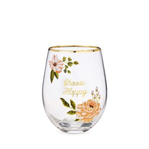 twine choose happy stemless wine glass, perfect for red or white wine, floral glassware gift with gold rim, 16 oz, set of 1