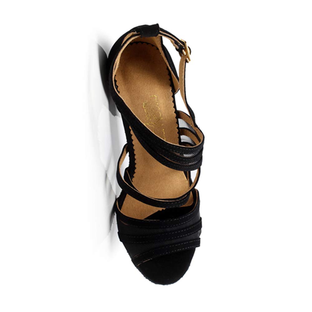 Dress First Womens Black Latin Dance Shoes Ballroom Dancing Sandals 8.5cm High Heels Suede Sole Salsa Tango Bachata Practice Performance Dance Wedding Party Pumps