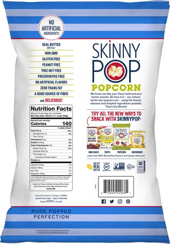 SkinnyPop Butter Popcorn, Gluten Free, Non-GMO, Healthy Popcorn Snacks, Skinny Pop, 4.4oz Grocery Size Bag