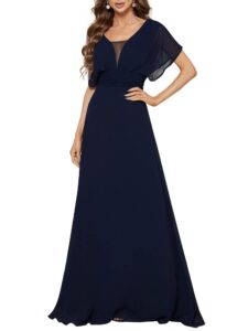 ever-pretty women's elegant formal dress v-neck short sleeve chiffon long mother of the bride dresses navy blue us12