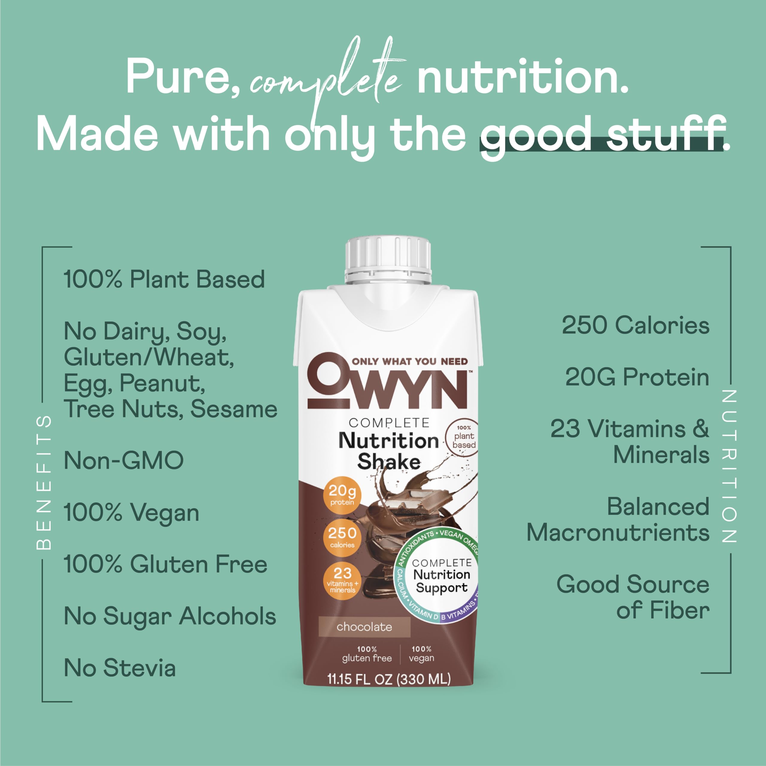 OWYN Plant-Based Complete Nutrition Protein Shake, Chocolate, 20g plant based protein, 23 Vitamins Minerals, Vegan Nutritional Shake, Gluten, Soy, and Tree Nut-Free (Chocolate, 12 pack)