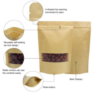 Stand Up Pouch Bags, 100 Pack Kraft Pouch with Tear Notch and Matte Window, Resealable Zip Lock Food Storage Bag (4.7IN X 7.9IN)