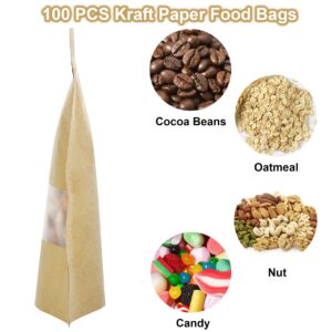 Stand Up Pouch Bags, 100 Pack Kraft Pouch with Tear Notch and Matte Window, Resealable Zip Lock Food Storage Bag (4.7IN X 7.9IN)