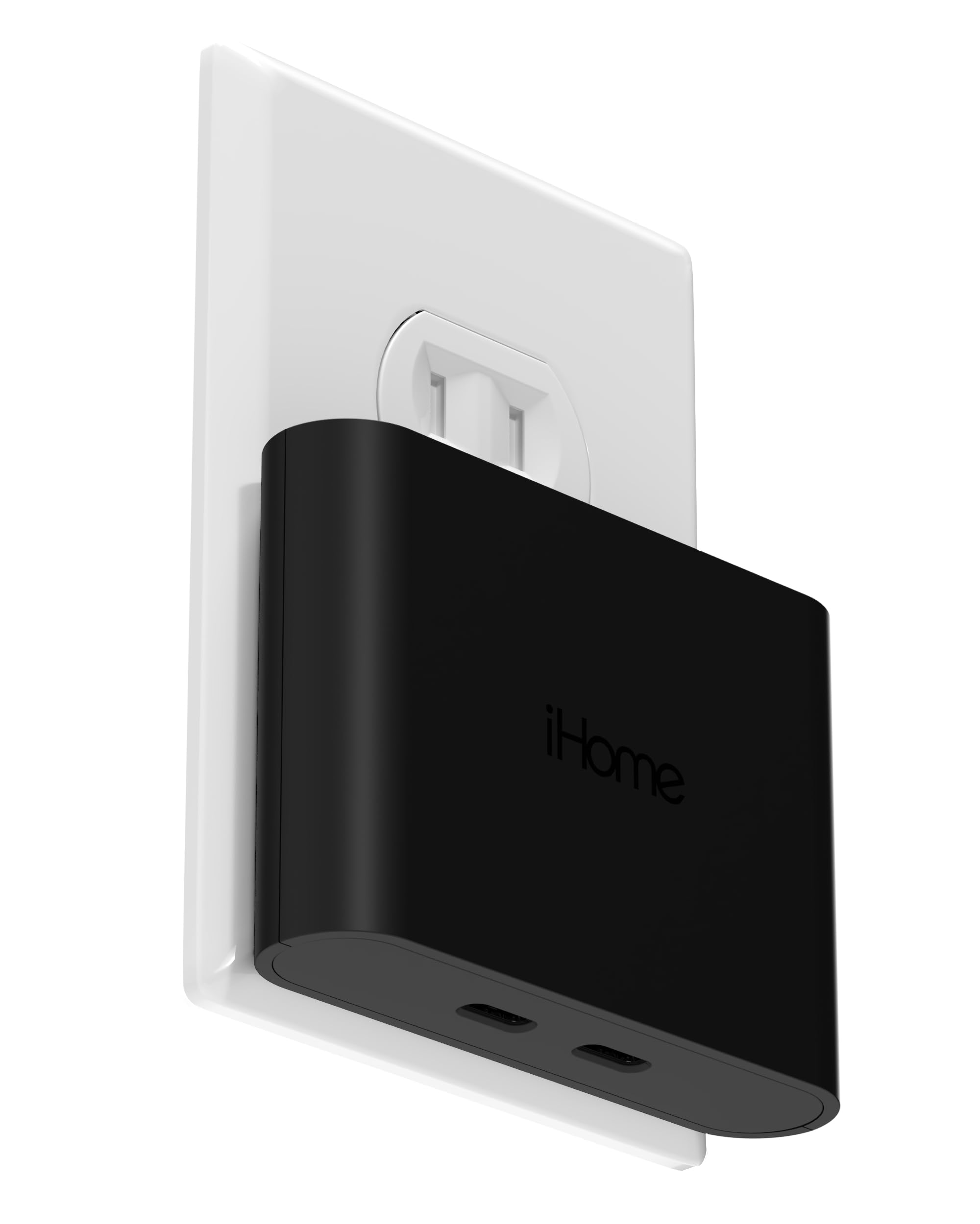 iHome Multiport USB-C Charger : AC Pro 2-Port Flat USB C Charger Block, Double USB C Wall Charger, Fast Charging Compatible USB-C Wall Charger (Black)