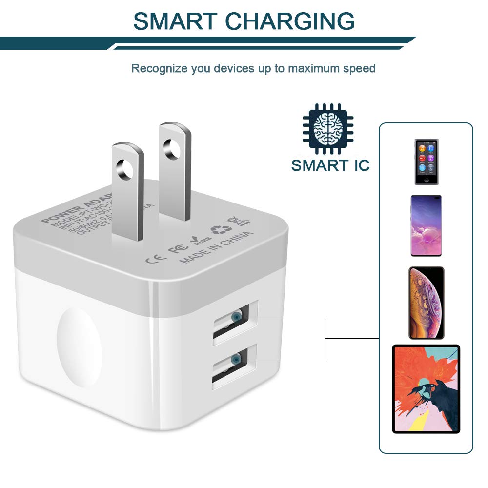 3Pack USB Wall Charger Plug, AILKIN 2.4A Dual Port USB Adapter Power Cube Fast Charging Station Box Base Replacement for iPhone 14 13 12 Pro Max SE 11 XR XS X/8, Samsung, Phones USB Charge Block-White