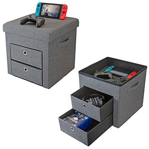 Simplify 2 Drawer Collapsible Storage Ottoman | Perfect for Gaming| Toys| Magazines| Linens| Blankets & More | Grey