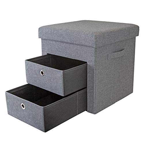 Simplify 2 Drawer Collapsible Storage Ottoman | Perfect for Gaming| Toys| Magazines| Linens| Blankets & More | Grey