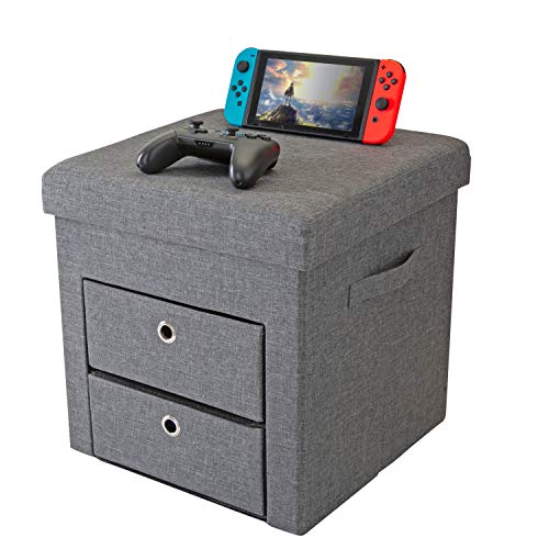 Simplify 2 Drawer Collapsible Storage Ottoman | Perfect for Gaming| Toys| Magazines| Linens| Blankets & More | Grey