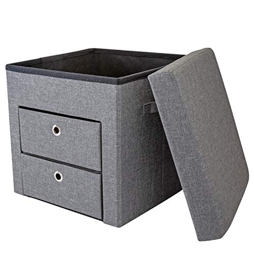 Simplify 2 Drawer Collapsible Storage Ottoman | Perfect for Gaming| Toys| Magazines| Linens| Blankets & More | Grey