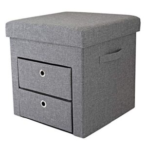 Simplify 2 Drawer Collapsible Storage Ottoman | Perfect for Gaming| Toys| Magazines| Linens| Blankets & More | Grey