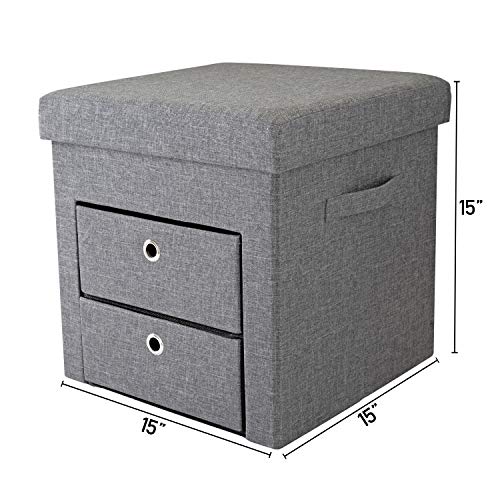 Simplify 2 Drawer Collapsible Storage Ottoman | Perfect for Gaming| Toys| Magazines| Linens| Blankets & More | Grey