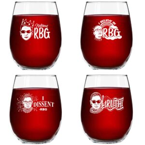 set of 4 ruth bader ginsburg wine glasses (15 oz) | birthday present for rbg fan| unique patriotic glassware celebrating women’s rights | funny & humorous feminist gifts for women | made in usa