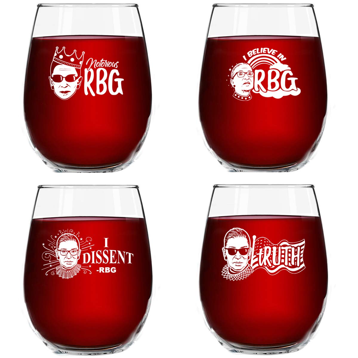 Set of 4 Ruth Bader Ginsburg Wine Glasses (15 oz) | Birthday Present for RBG Fan| Unique Patriotic Glassware Celebrating Women’s Rights | Funny & Humorous Feminist Gifts for Women | Made in USA