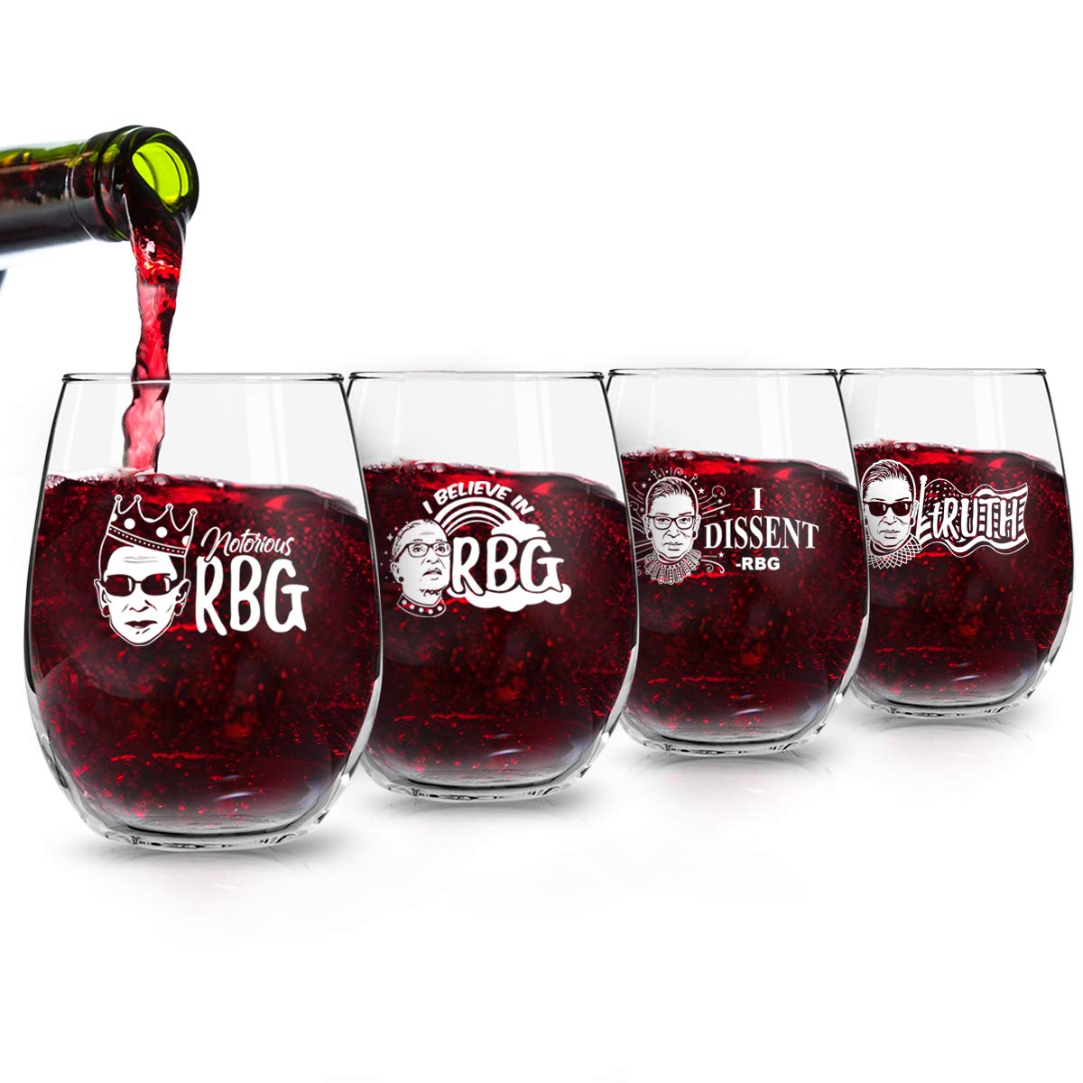 Set of 4 Ruth Bader Ginsburg Wine Glasses (15 oz) | Birthday Present for RBG Fan| Unique Patriotic Glassware Celebrating Women’s Rights | Funny & Humorous Feminist Gifts for Women | Made in USA