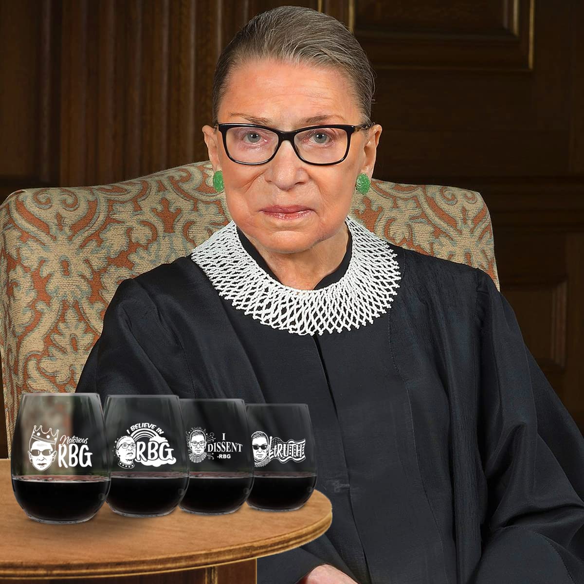 Set of 4 Ruth Bader Ginsburg Wine Glasses (15 oz) | Birthday Present for RBG Fan| Unique Patriotic Glassware Celebrating Women’s Rights | Funny & Humorous Feminist Gifts for Women | Made in USA