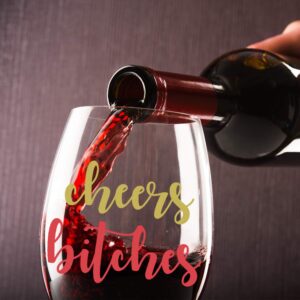 Cheers Bitches Funny 15oz Stemless Crystal Wine Glass - Fun Wine Glasses with Sayings Gifts for Women