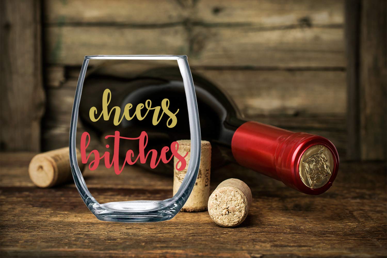 Cheers Bitches Funny 15oz Stemless Crystal Wine Glass - Fun Wine Glasses with Sayings Gifts for Women