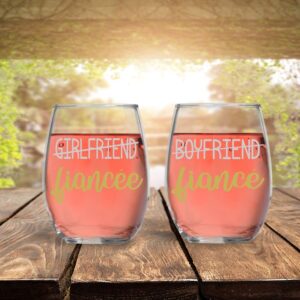 Boyfriend/Fiance - Girlfriend/Fiancee - Funny 15oz Crystal Wine Glass - Stemless Wine Glass Couples Sets - Perfect idea for Bridal and Engagement Gifts