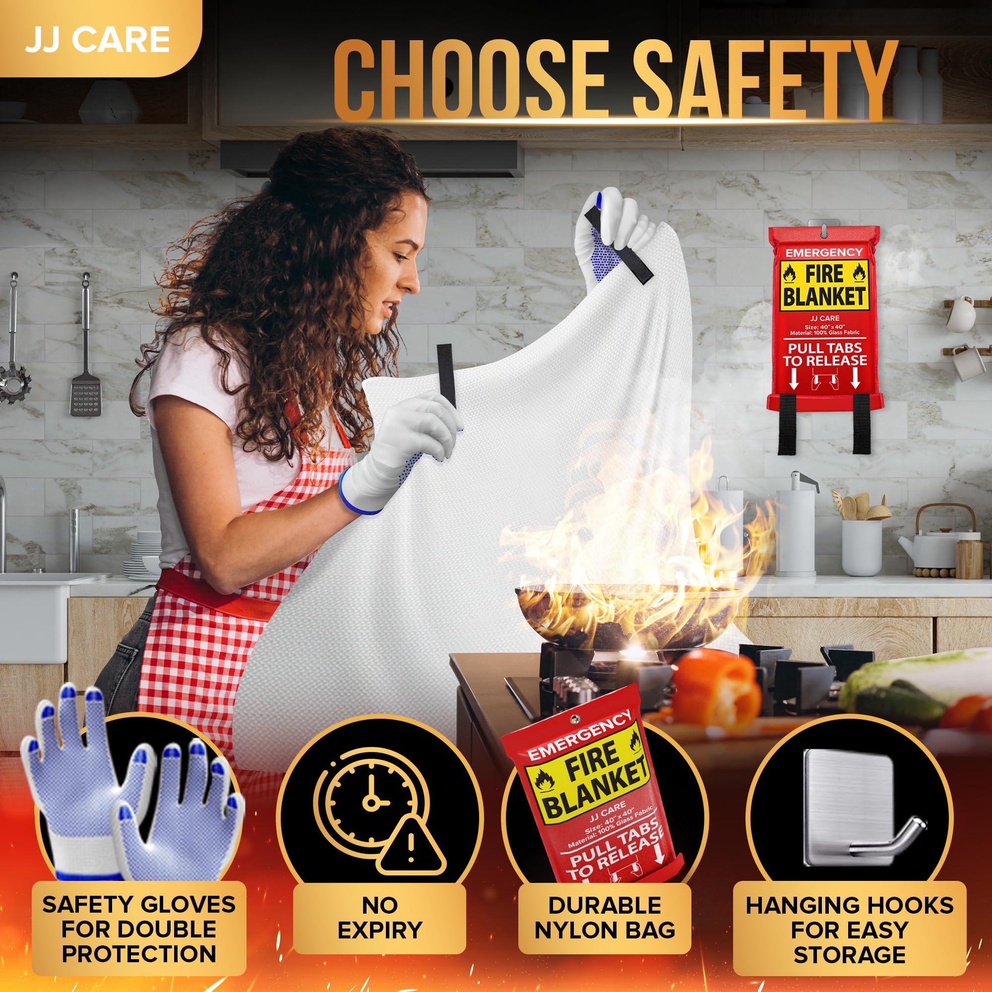 JJ CARE Fire Blanket – 5 Packs with Hooks and Gloves – Emergency Fire Blanket for Home & Kitchen, High Heat Resistant Fire Suppression Blankets for Home Safety, Kitchen, and Camping