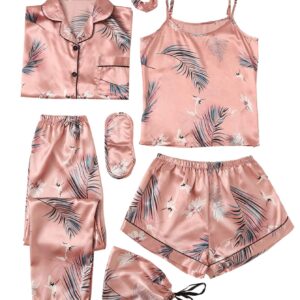 SheIn Women's 7pcs Pajama Set Cami Pjs with Shirt and Eye Mask Pink Crane Medium