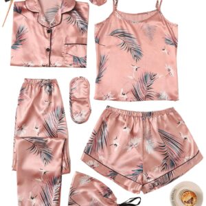 SheIn Women's 7pcs Pajama Set Cami Pjs with Shirt and Eye Mask Pink Crane Medium