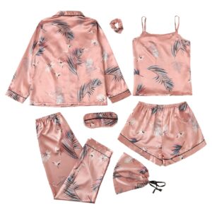 SheIn Women's 7pcs Pajama Set Cami Pjs with Shirt and Eye Mask Pink Crane Medium