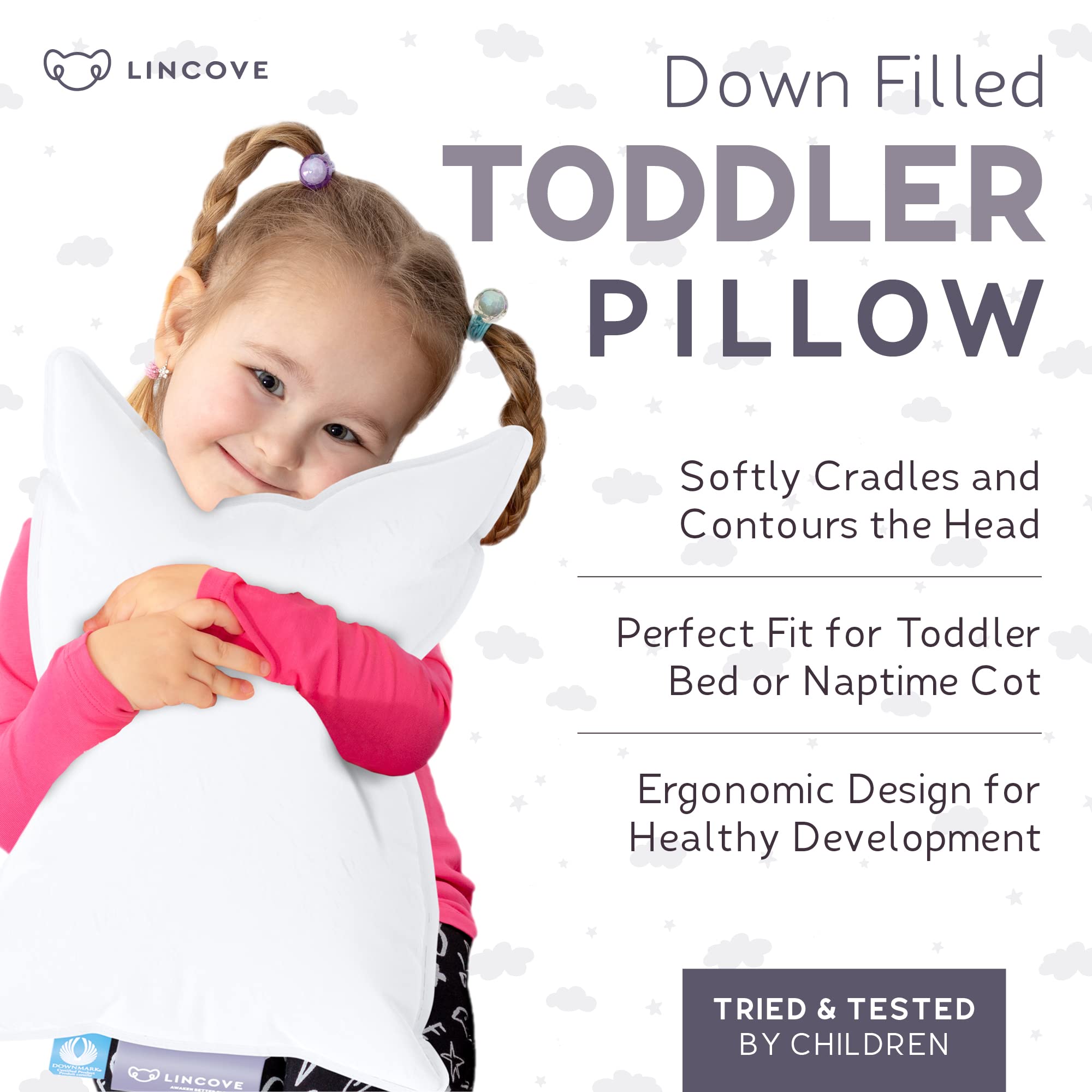 Lincove Canadian Down Toddler Pillow for Sleeping - Perfect for Kids Travel Pillow, Nap Time, Toddler Cot, Crib, Bed - 800 Fill Power, 100% Cotton Shell, 400 Thread Count (13 x 18)