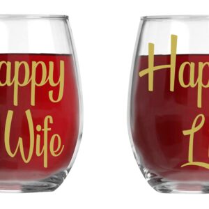 Happy Wife, Happy Life - 15oz Crystal Wine Glasses - Couples Stemless Wine Glasses – His And Hers Gifts Ideas For Anniversary, Weddings, Bridal Showers