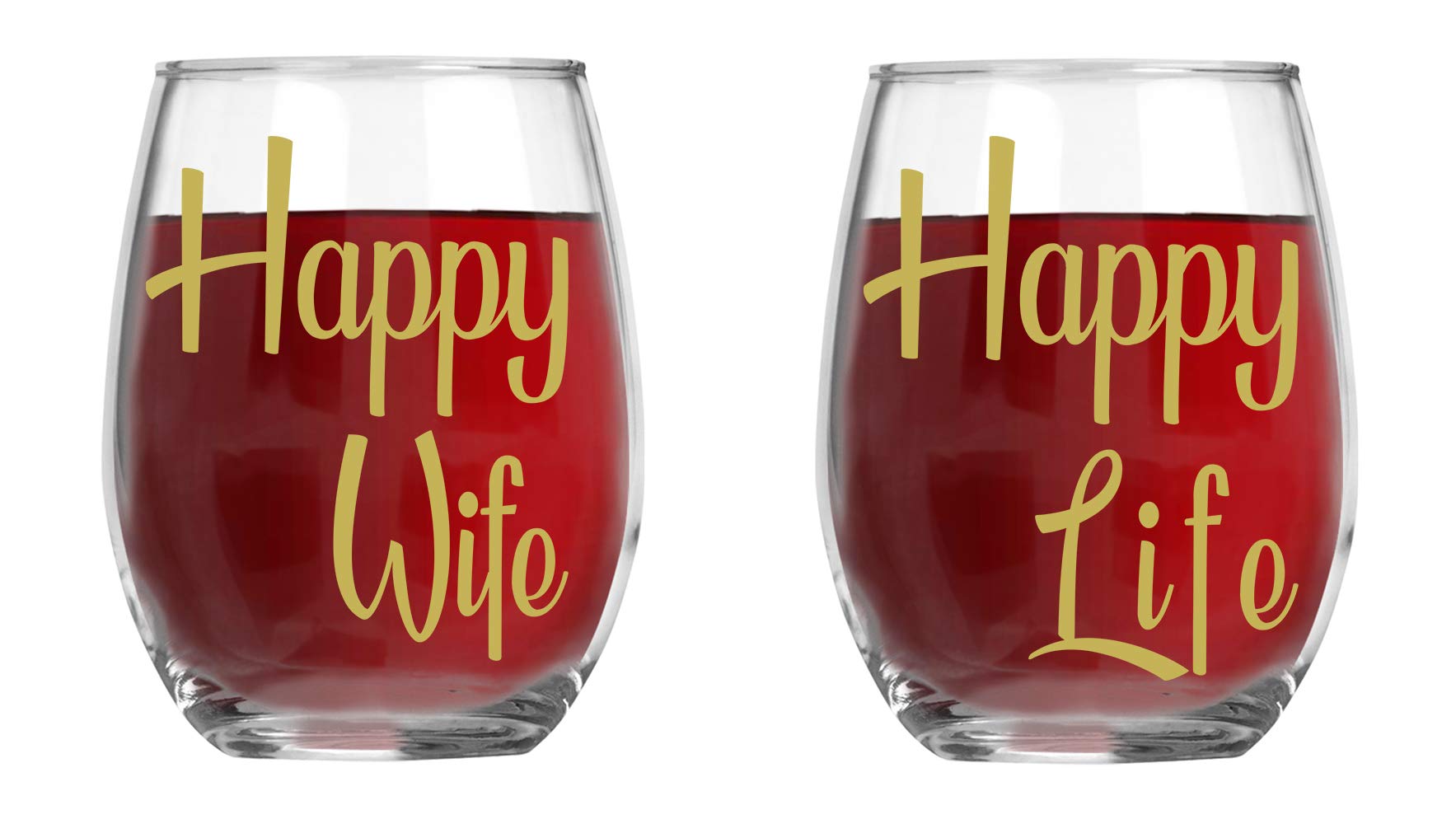 Happy Wife, Happy Life - 15oz Crystal Wine Glasses - Couples Stemless Wine Glasses – His And Hers Gifts Ideas For Anniversary, Weddings, Bridal Showers