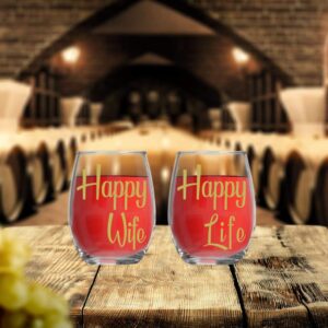 Happy Wife, Happy Life - 15oz Crystal Wine Glasses - Couples Stemless Wine Glasses – His And Hers Gifts Ideas For Anniversary, Weddings, Bridal Showers