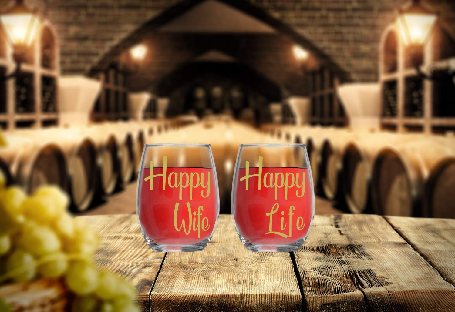 Happy Wife, Happy Life - 15oz Crystal Wine Glasses - Couples Stemless Wine Glasses – His And Hers Gifts Ideas For Anniversary, Weddings, Bridal Showers