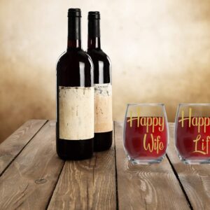 Happy Wife, Happy Life - 15oz Crystal Wine Glasses - Couples Stemless Wine Glasses – His And Hers Gifts Ideas For Anniversary, Weddings, Bridal Showers