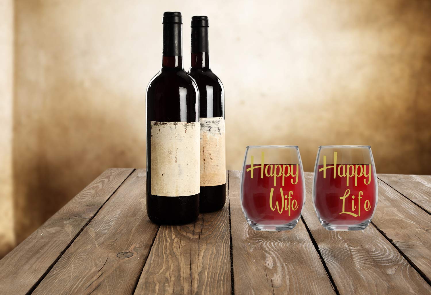 Happy Wife, Happy Life - 15oz Crystal Wine Glasses - Couples Stemless Wine Glasses – His And Hers Gifts Ideas For Anniversary, Weddings, Bridal Showers