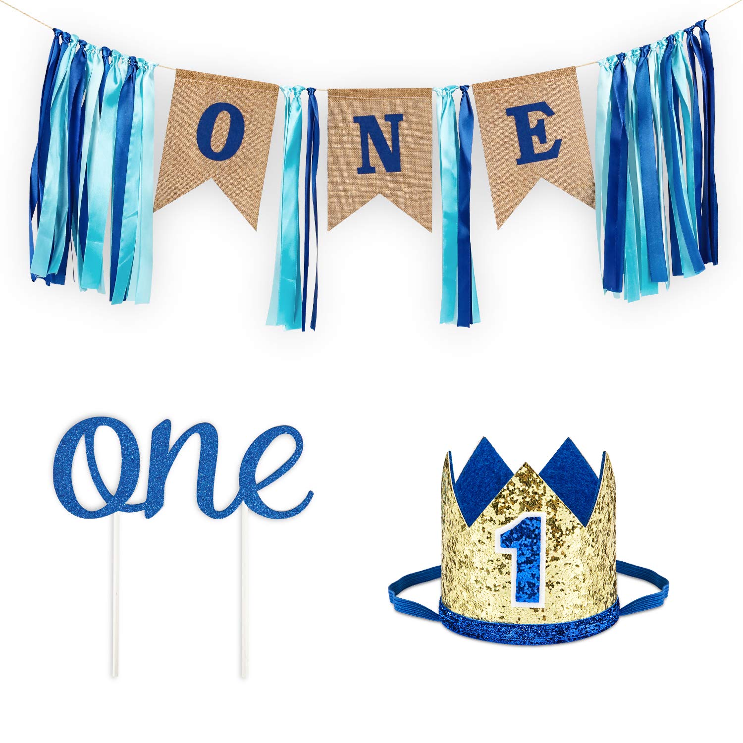 1st Birthday Boy Decorations with Burlap Highchair Banner, Cake Topper, Blue Hat Crown for Happy First Birthday Party Decoration Supplies