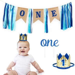 1st Birthday Boy Decorations with Burlap Highchair Banner, Cake Topper, Blue Hat Crown for Happy First Birthday Party Decoration Supplies