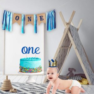 1st Birthday Boy Decorations with Burlap Highchair Banner, Cake Topper, Blue Hat Crown for Happy First Birthday Party Decoration Supplies