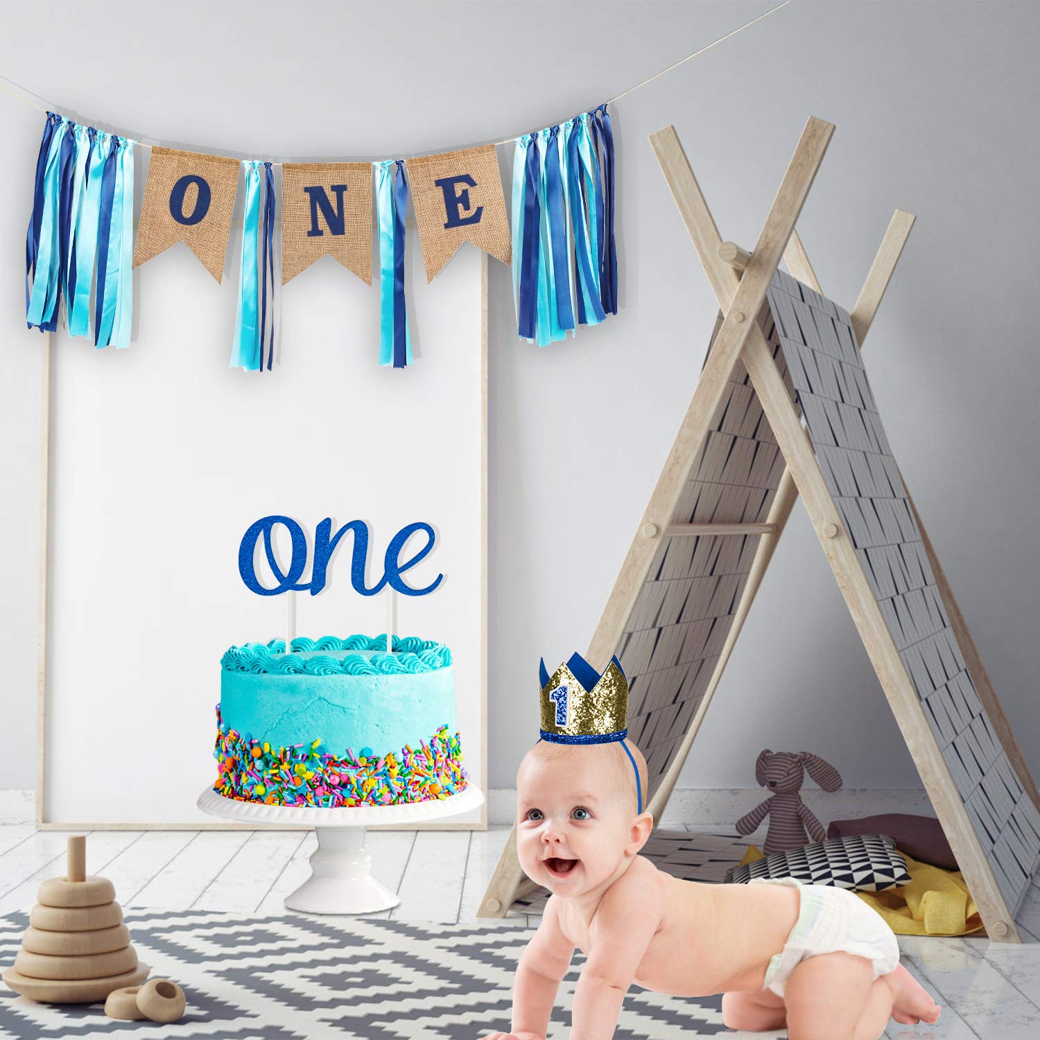 1st Birthday Boy Decorations with Burlap Highchair Banner, Cake Topper, Blue Hat Crown for Happy First Birthday Party Decoration Supplies