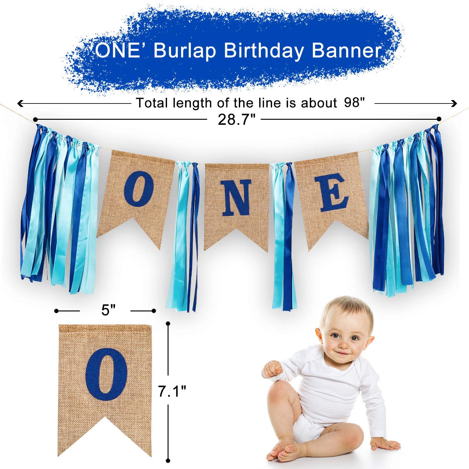 1st Birthday Boy Decorations with Burlap Highchair Banner, Cake Topper, Blue Hat Crown for Happy First Birthday Party Decoration Supplies