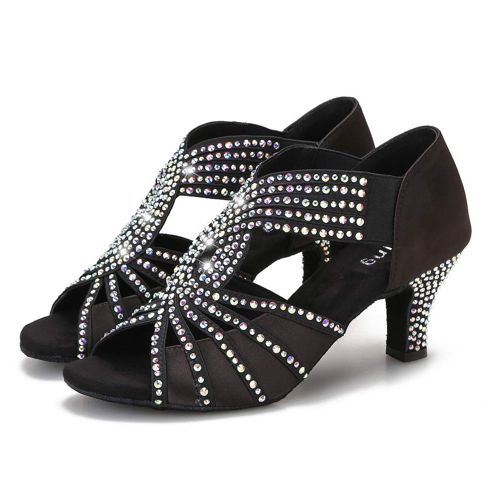 YYTing Full Rhinestones Ballroom Dance Shoes Women Latin Salsa Practice Wedding Indoor Crystals Footwear 2.5in Heels YT06(9,Black)