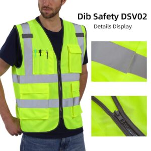 Dib Safety Vest Reflective ANSI Class 2, High Visibility Vest with Pockets and Zipper, Construction Work Vest Hi Vis Yellow M