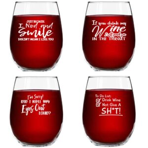 set of 4 crude & rude funny wine glasses (15 oz)- novelty glassware gifts for women- hilarious party, event, hosting fun- wine lover glass w/funny sayings- birthday wine gift for friends- made in usa